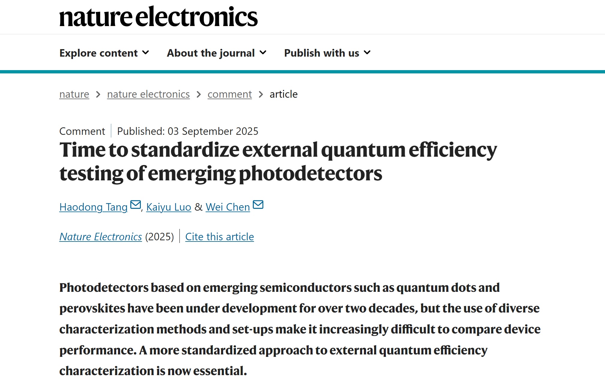 Comment Publised in Nature Electronics! | Nano Photonics Group